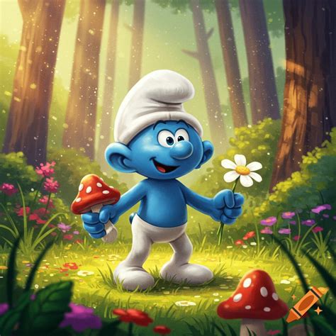 A Cartoon Smurf Character In A Forest Holds A Mushroom In One Hand And