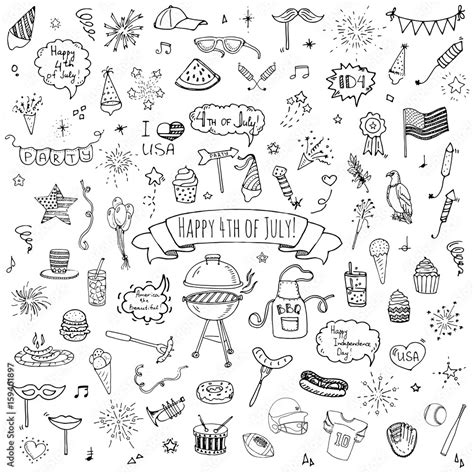 Hand Drawn Doodle Happy 4th Of July Icons Set Vector Illustration Usa