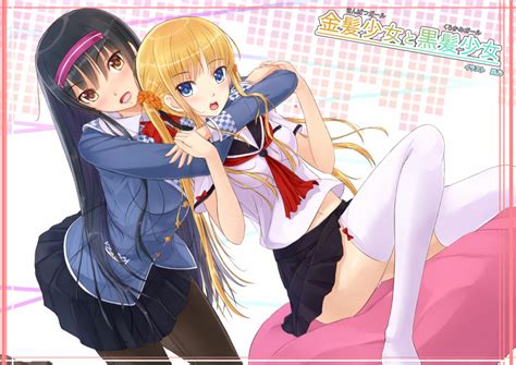 Safebooru 2girls Black Hair Blonde Hair Blue Eyes Blush Brown Eyes