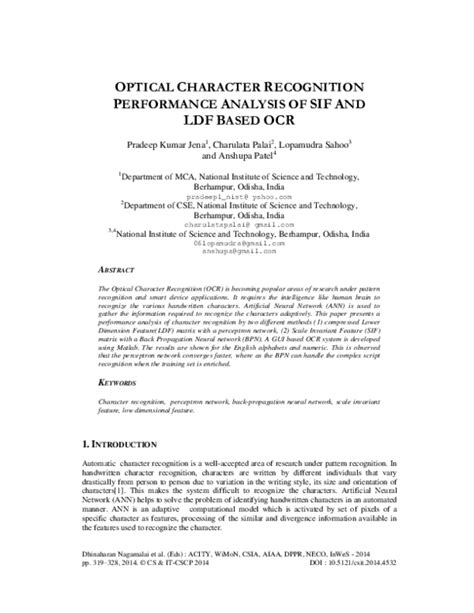 Pdf Optical Character Recognition Performance Analysis Of Sif And Ldf Based Ocr
