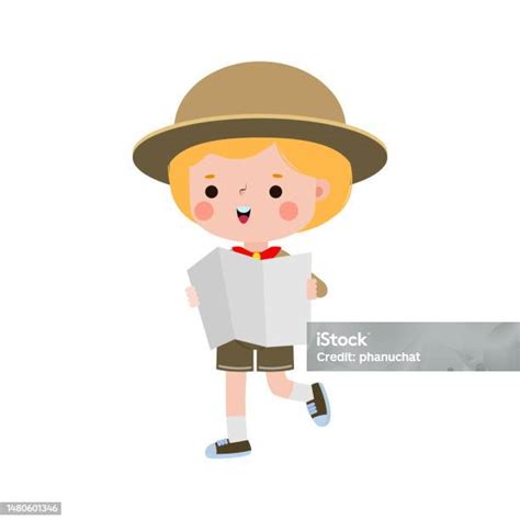 지도 보이 스카우트 또는 걸 스카우트 명예 유니폼 아이 여름 캠프 행복 한 어린이 만화 평면 문자 고립 된 벡터 일러스트 레이 션을 흰색 배경에 귀여운 아이 관광객에 대한