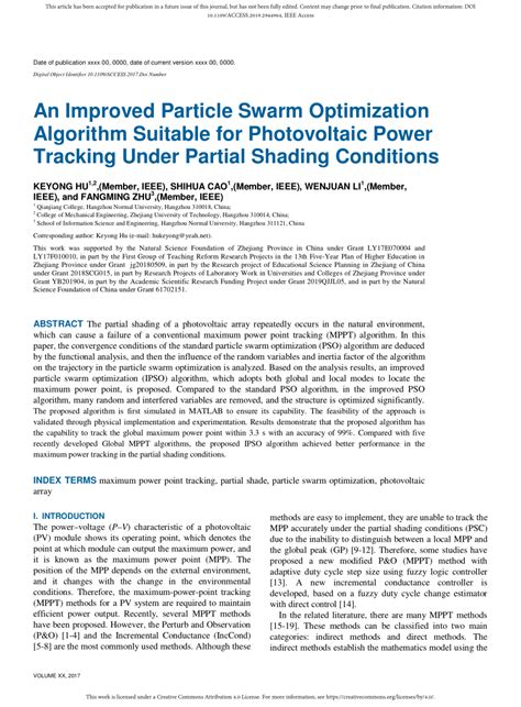 Pdf An Improved Particle Swarm Optimization Algorithm Suitable For Photovoltaic Power Tracking