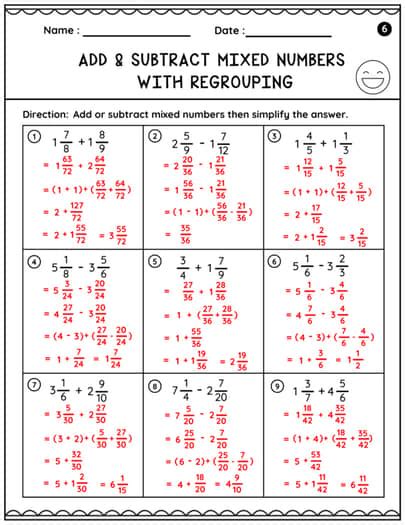 Free Fractions Adding And Subtracting Mixed Numbers With Unlike