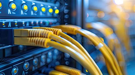 Yellow Network Cables Connected To An Industrial Switch In The Data Center Symbolizing
