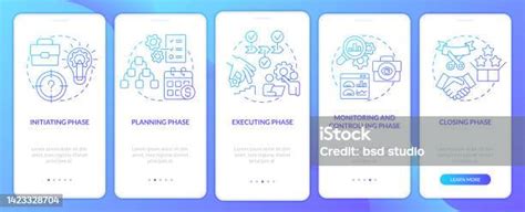 Phases Of Project Management Blue Gradient Onboarding Mobile App Screen Stock Illustration