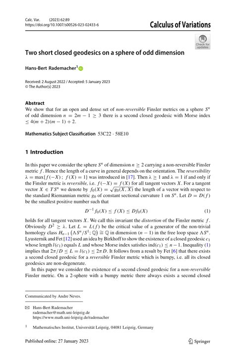 Pdf Two Short Closed Geodesics On A Sphere Of Odd Dimension