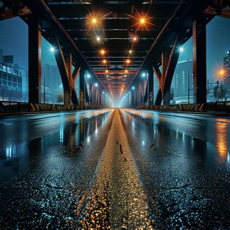 A Photo Of The City Street Under An Empty Bridge At Night Wet Asphalt