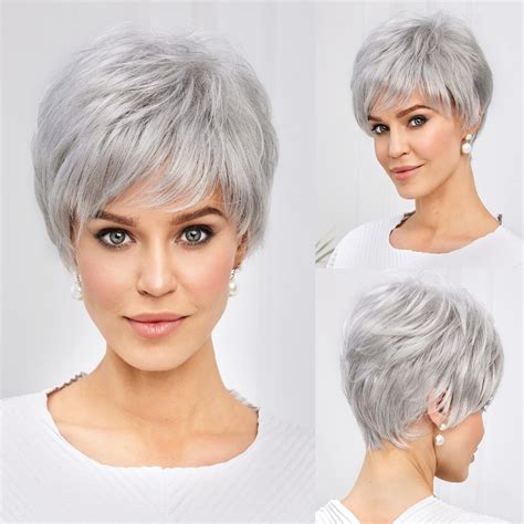 White Silver Gray Kanekalon Human Hairs Like Texture Wigs For Women With Bangs Short Pixie Cut