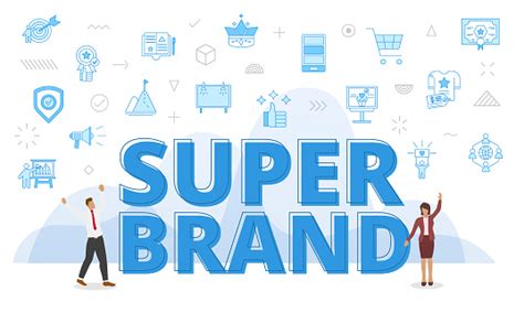 큰 단어와 사람들이 파란색 스타일로 관련 아이콘으로 둘러싸인 슈퍼 브랜드 개념 개념에 대한 스톡 벡터 아트 및 기타 이미지