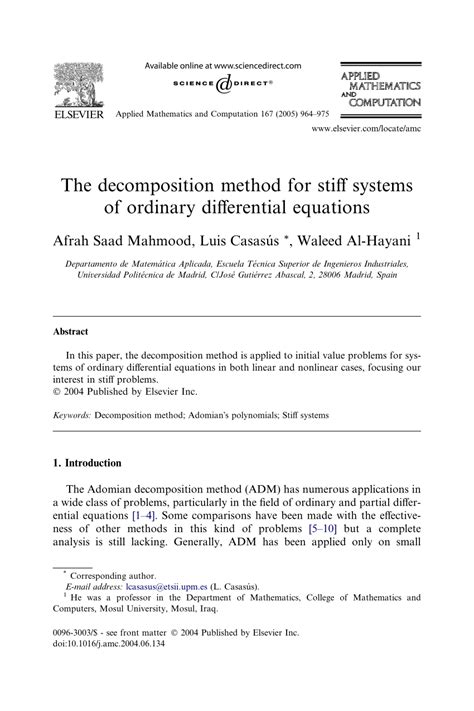 Pdf The Decomposition Method For Stiff Systems Of Ordinary Differential Equations