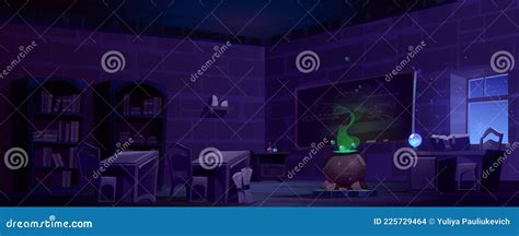 Magic School Classroom At Night Cartoon Vector