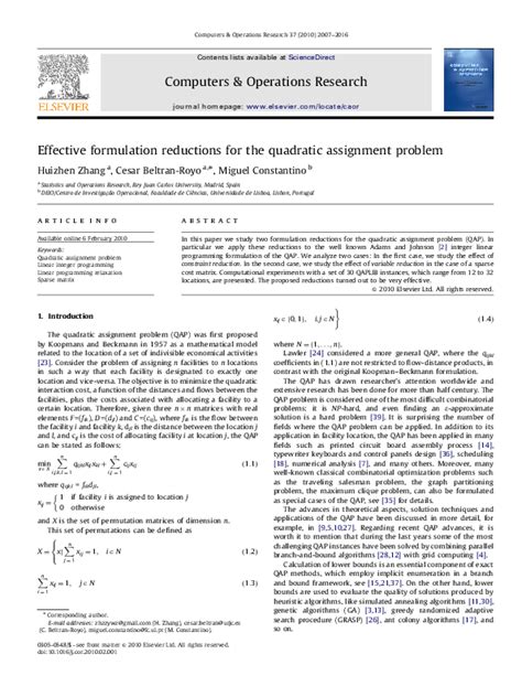 Pdf Effective Formulation Reductions For The Quadratic Assignment Problem