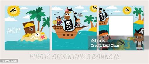 벡터 보물 섬 풍경 카드 세트 무인도 보물 상자 야자수가 있는 해적 파티 장면 컬렉션 귀여운 여름 풍경 광장 배경 아이들을위한 해양 사진 해적에 대한 스톡 벡터 아트 및