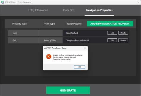 power tool generation and read entity issues 11944 support center asp zero support