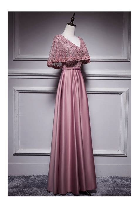 Floor Length Pink Satin Formal Gown With Beaded Cape Detailing 116