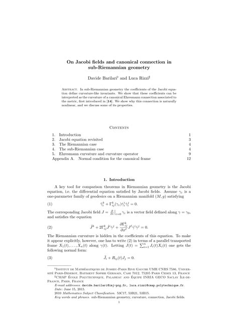 Pdf On Jacobi Fields And Canonical Connection In Sub Riemannian Geometry