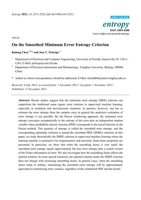 Pdf On The Smoothed Minimum Error Entropy Criterion