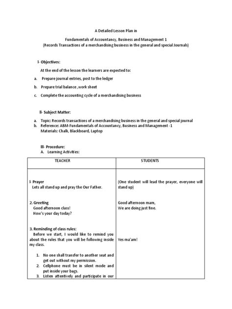A Detailed Lesson Plan In Fabm 1 Pdf Accounting Cognition