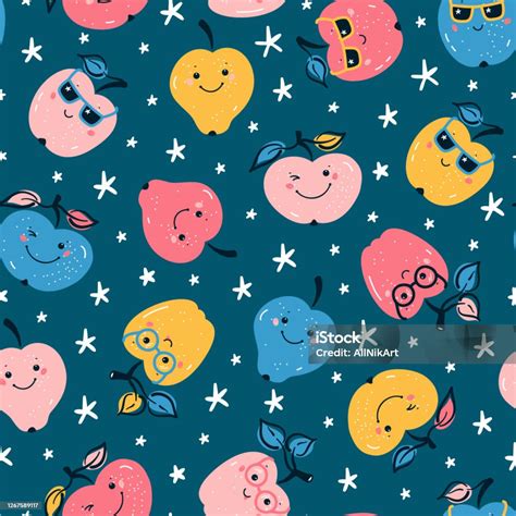 귀여운 사과 과일과 별 다채로운 배경 가와이 사과와 원활한 패턴 여름 과일 벽지 아이들을위한 건강한 음식 가을 배경 가을에 대한 스톡 벡터 아트 및 기타 이미지 Istock