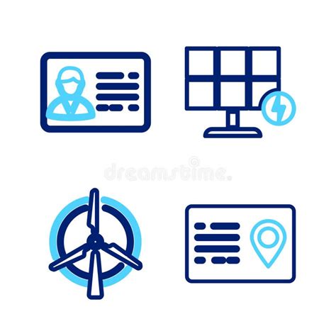 Set Line Address Book Rotating Wind Turbine Solar Energy Panel And Identification Badge Icon