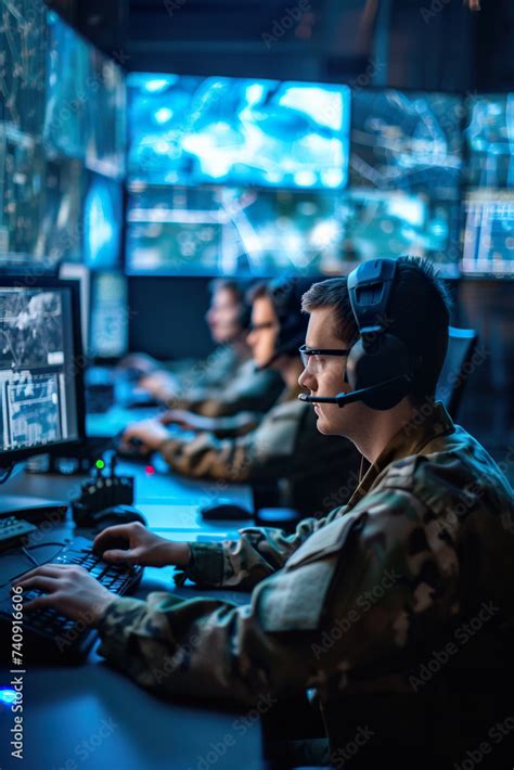 Military Operator Monitoring Battle Information In Control Room With Screens And Displays