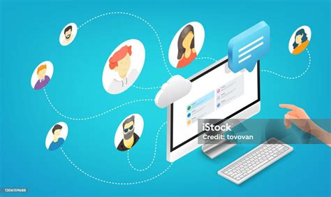 응용 프로그램을 통해 원격으로 함께 작업하는 사람들 흰색 배경에 격리된 등색 벡터 그림 연결에 대한 스톡 벡터 아트 및 기타 이미지 연결 데스크탑 컴퓨터 컴퓨터