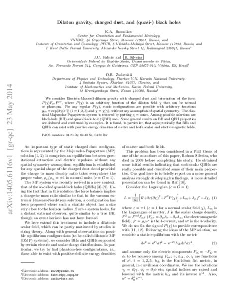 Pdf Dilaton Gravity Charged Dust And Quasi Black Holes Kirill A Bronnikov