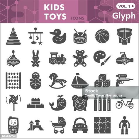 아이 장난감 단단한 아이콘 세트 어린이 장난감 기호 컬렉션 또는 스케치 웹 및 앱용 아기 장난감 글리프 스타일 표지판 흰색 배경에 격리된 벡터 그래픽 0명에 대한 스톡 벡터