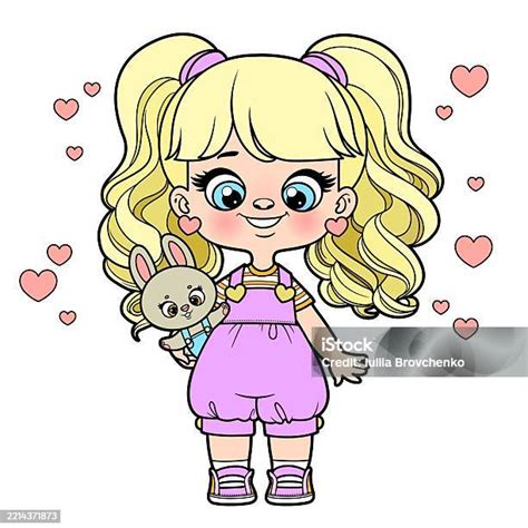 장난감 토끼를 가진 귀여운 만화 소녀 손에 흰색 배경에 색칠 공부 페이지를 위한 색상 변형 곱슬 머리에 대한 스톡 벡터 아트 및 기타 이미지 곱슬 머리 귀여운 긴