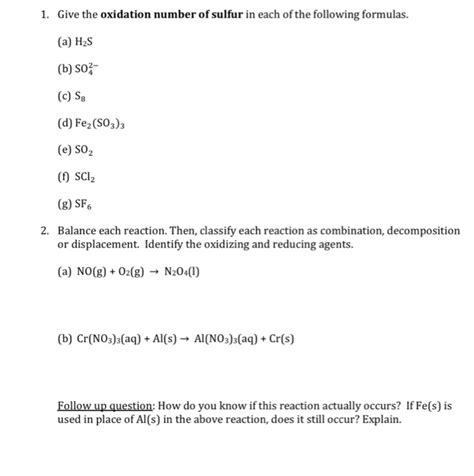 Solved 1 Give The Oxidation Number Of Sulfur In Each Of The