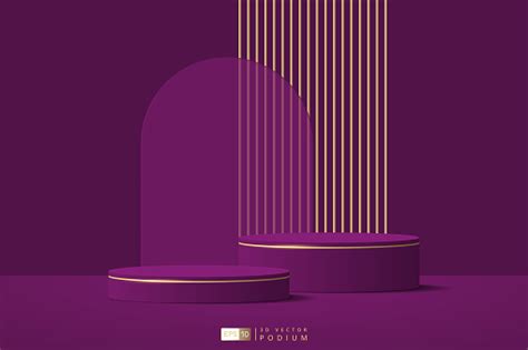 황금 수직 모양과 아치 유리 배경이 있는 제품 디스플레이 프레젠테이션을 위한 고급 보라색 3d 실린더 연단 사실적 또는 받침대 무대 쇼케이스 쇼 제일 제품을 위한 3d 단계