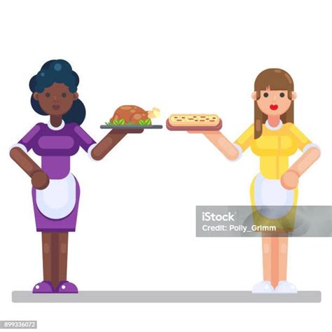젊은 웨이트리스 레스토랑 개념 아메리카 흑인의 평면 스타일 이미지와 백인 여자 여자 트레이 Eps10 벡터 다채로운 그림 고용과 노동에 대한 스톡 벡터 아트 및 기타 이미지