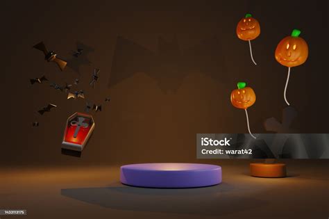 행복한 할로윈을위한 투명한 유리 관이있는 풍선 호박의 연단과 촛불 빛 개념 3d 일러스트 또는 3d 렌더링 10월에 대한 스톡 사진 및 기타 이미지 Istock