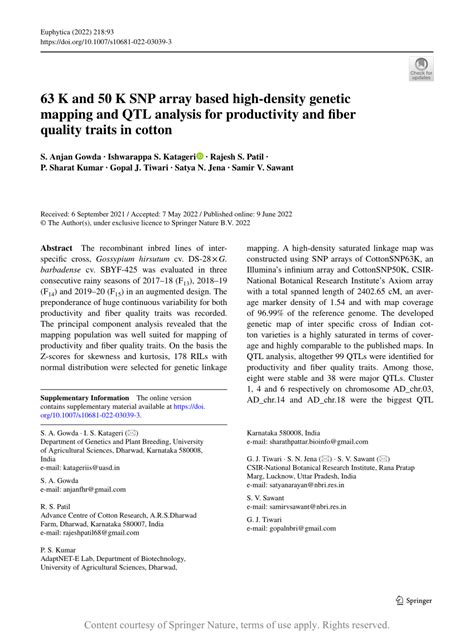 63 K And 50 K Snp Array Based High Density Genetic Mapping And Qtl Analysis For Productivity And