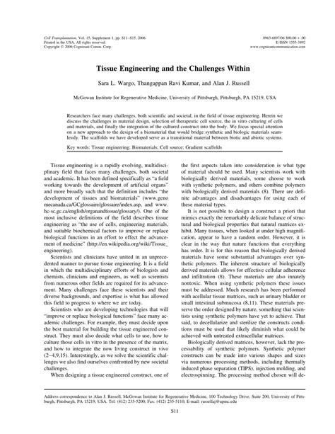 Pdf Tissue Engineering And The Challenges Within