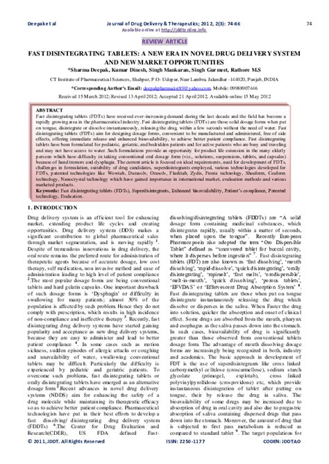 Pdf Fast Disintegrating Tablets A Review On An Emerging Trend In Novel Oral Drug Delivery