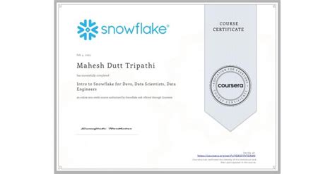 Completion Certificate For Intro To Snowflake For Devs Data Scientists