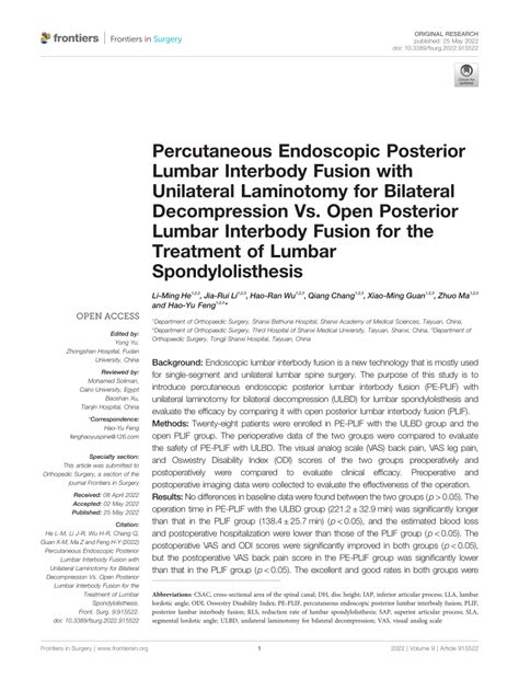 Pdf Percutaneous Endoscopic Posterior Lumbar Interbody Fusion With