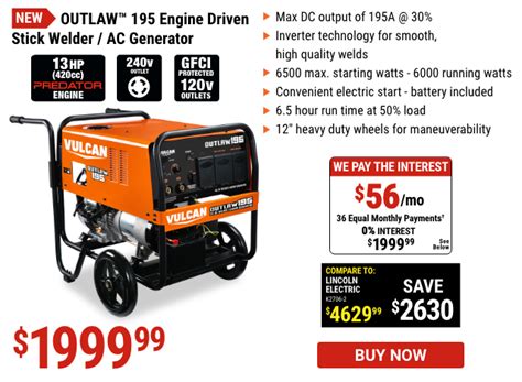 Harbor Freight New Vulcan Outlaw 195 Engine Driven Stick Welder Ac