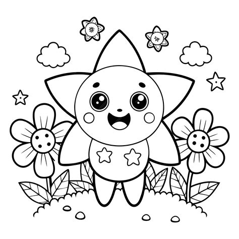 A Cute Star Character In A Garden With Flowers And Clouds Premium Ai