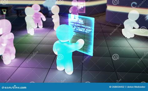 Game Or Metaverse Avatar Of Person Is Coding With Virtual Screen Industrial 3d Illustration
