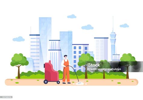 청소 서비스 평면 디자인 일러스트 배경 배너 또는 포스터빗자루로 나뭇잎에서 길을 청소하고 청소하는 사람들 가사 집안일에 대한