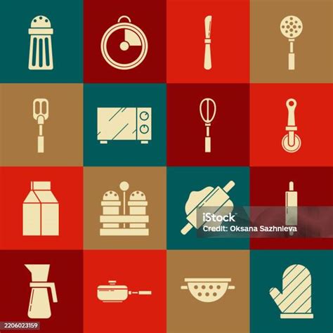 오븐 장갑 롤링 핀 피자 나이프 나이프 전자 레인지 주걱 소금 및 주방 거품기 아이콘을 설정합니다 벡터 가정 생활에 대한 스톡 벡터 아트 및 기타 이미지 Istock