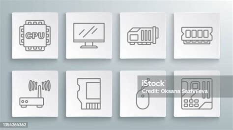 세트 라인 라우터 및 와이파이 신호 컴퓨터 모니터 화면 Sd 카드 마우스 마더 보드 디지털 칩 비디오 그래픽 Ram 임의 액세스 메모리 및 Cpu 아이콘 프로세서 벡터