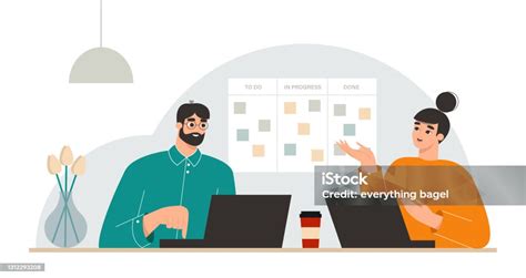 민첩한 프로젝트 관리 방법론 개념 칸반 태스크 보드 옆에 있는 랩톱에서 작업하는 팀 유연한 소프트웨어 개발자 매일 회의에 팀 간반에 대한 스톡 벡터 아트 및 기타 이미지