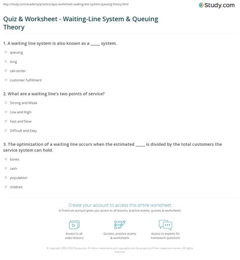 Quiz And Worksheet Waiting Line System And Queuing Theory