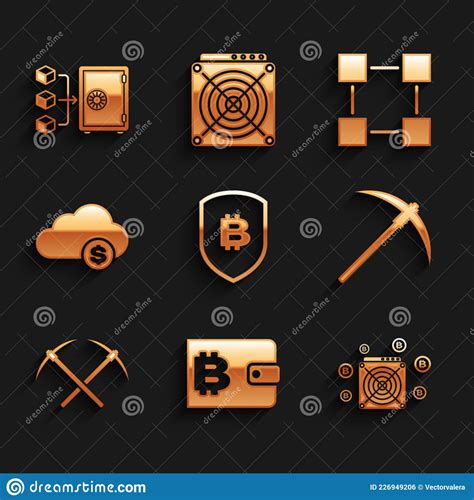 Set Shield With Bitcoin Cryptocurrency Wallet Asic Miner Pickaxe Crossed Pickaxe And Cloud