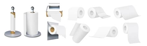 현실적인 화장지와 주방 수건은 금속 홀더를 굴립니다 위생 목욕 3d 냅킨입니다 빈 갈색 튜브입니다 옷걸이 벡터 세트에 조직 롤 프리미엄 벡터