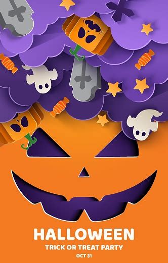 해피 할로윈 파티 포스터 및 브로셔 배경은 종이 컷 스타일입니다 10월에 대한 스톡 벡터 아트 및 기타 이미지 10월 3차원 형태 가을 Istock