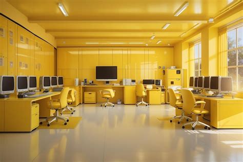 Premium Ai Image Yellow Computer Room